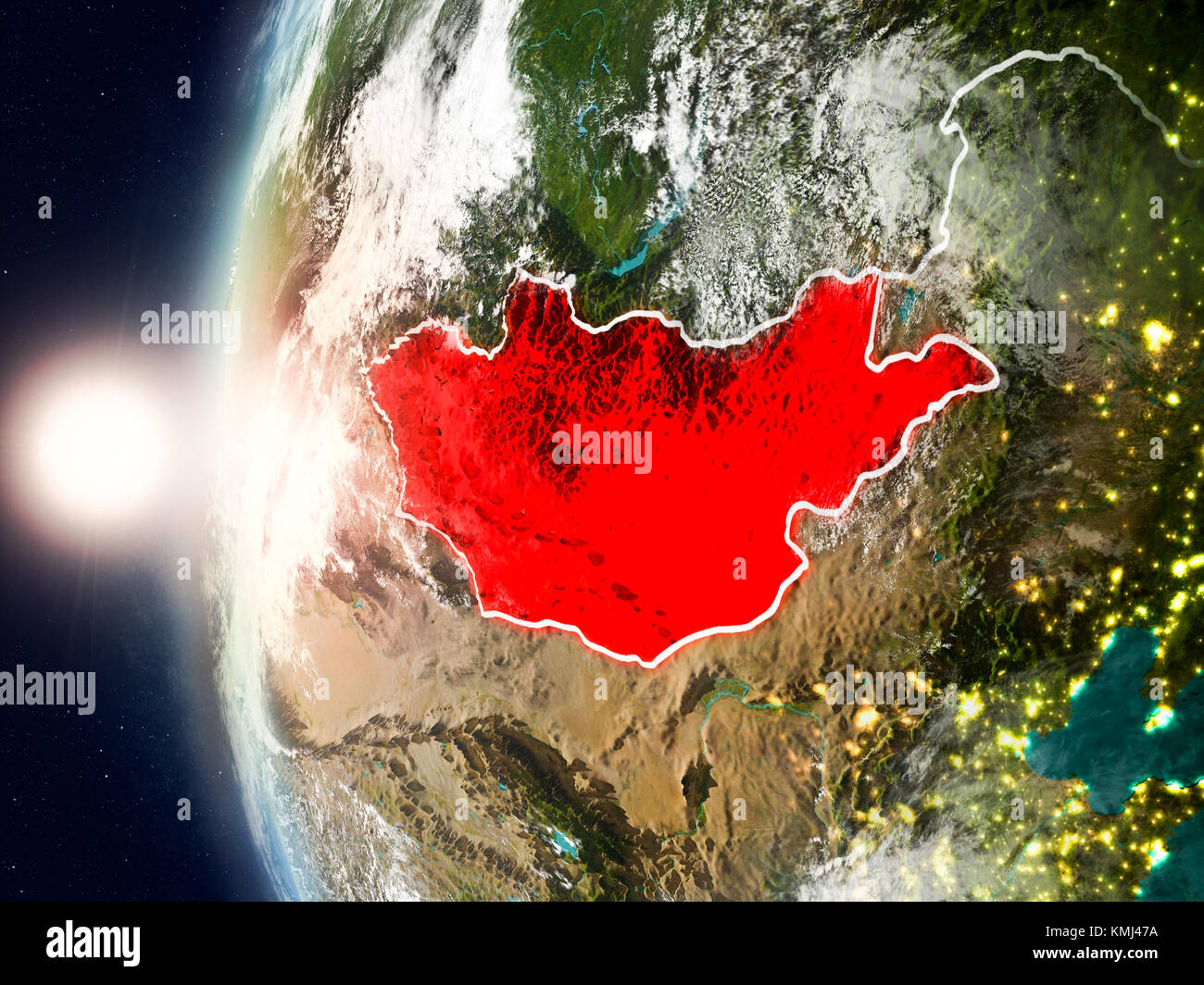 Satellite view of Mongolia highlighted in red on planet Earth with ...