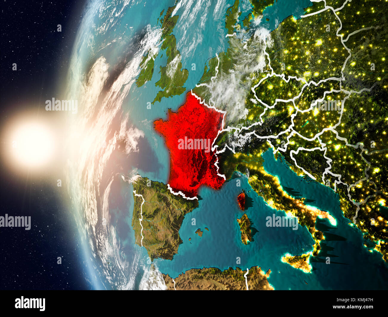 Satellite view of France highlighted in red on planet Earth with clouds and visible country ...