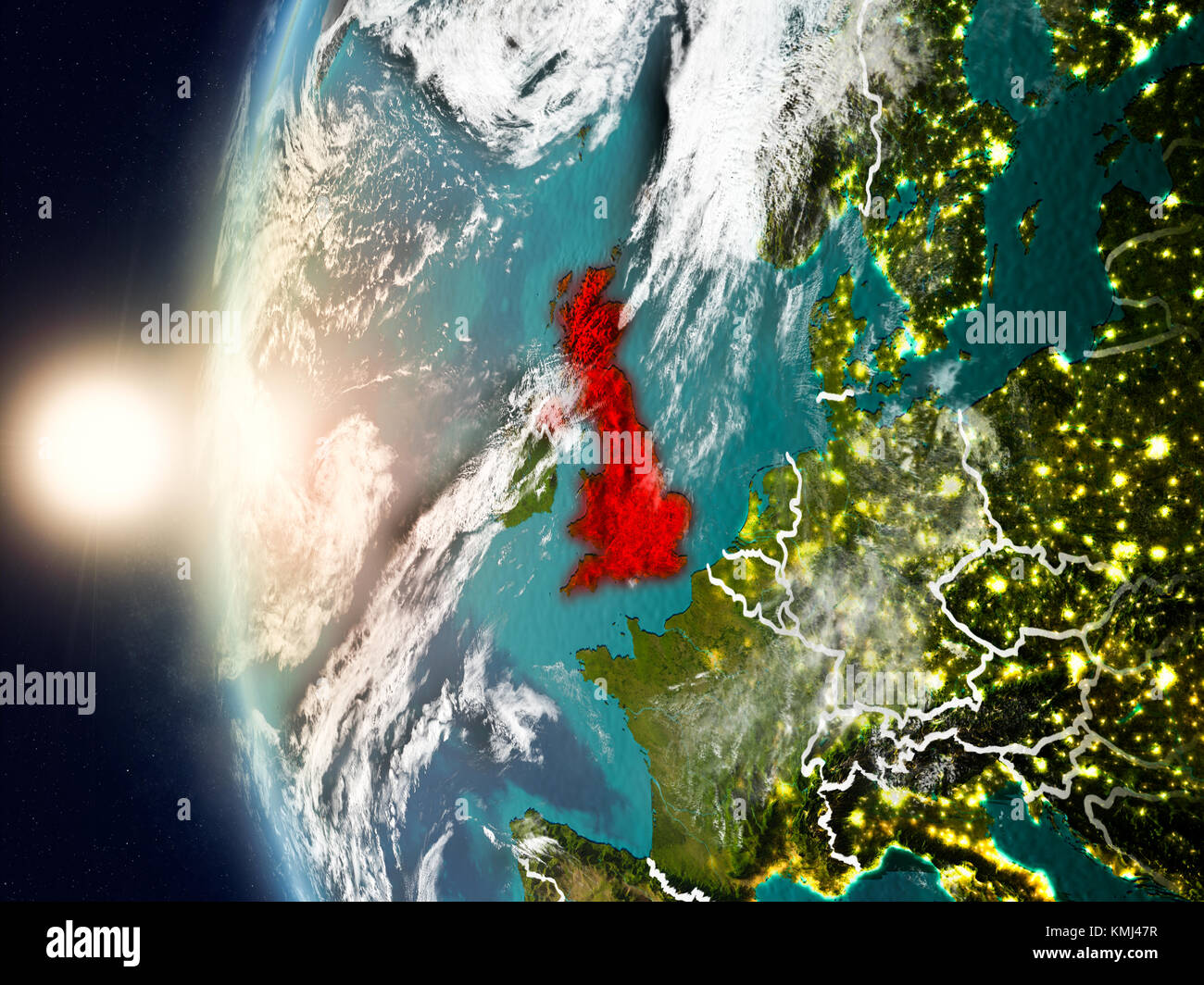 Satellite view of United Kingdom highlighted in red on planet Earth ...