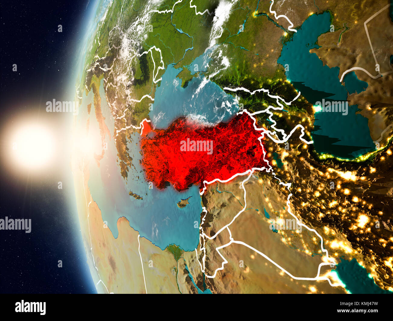 Satellite view of Turkey highlighted in red on planet Earth with clouds ...