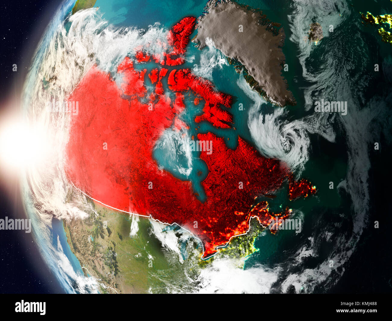 Satellite view of Canada highlighted in red on planet Earth with clouds and visible country ...