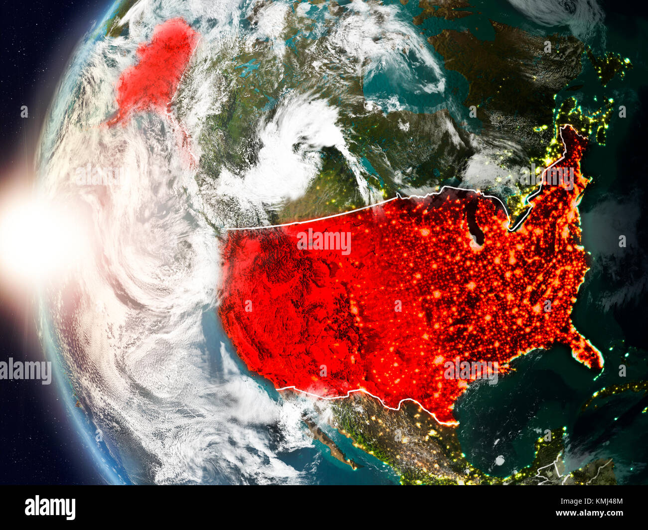 Satellite view of USA highlighted in red on planet Earth with clouds ...