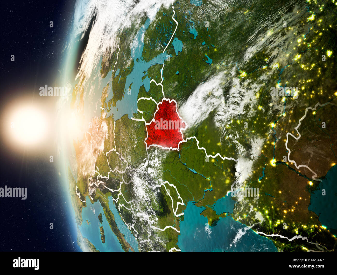 Satellite view of Belarus highlighted in red on planet Earth with clouds and visible country ...