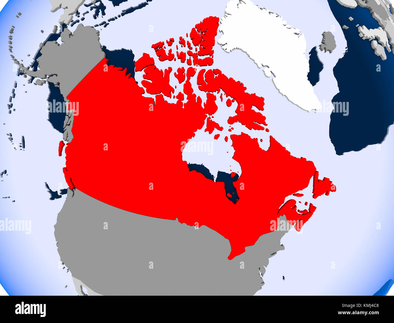Canada in red on political map with transparent oceans. 3D illustration ...