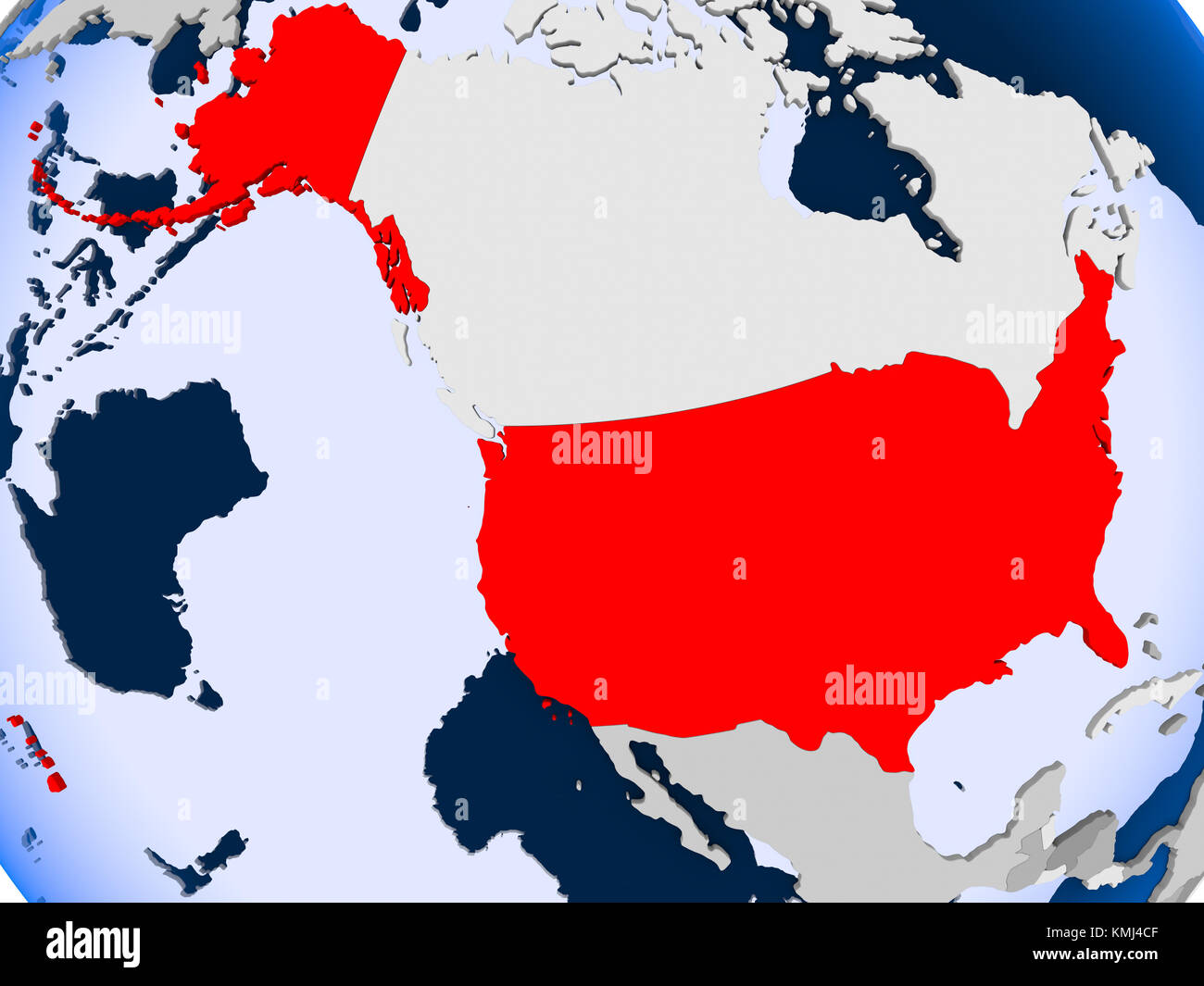 USA in red on political map with transparent oceans. 3D illustration ...