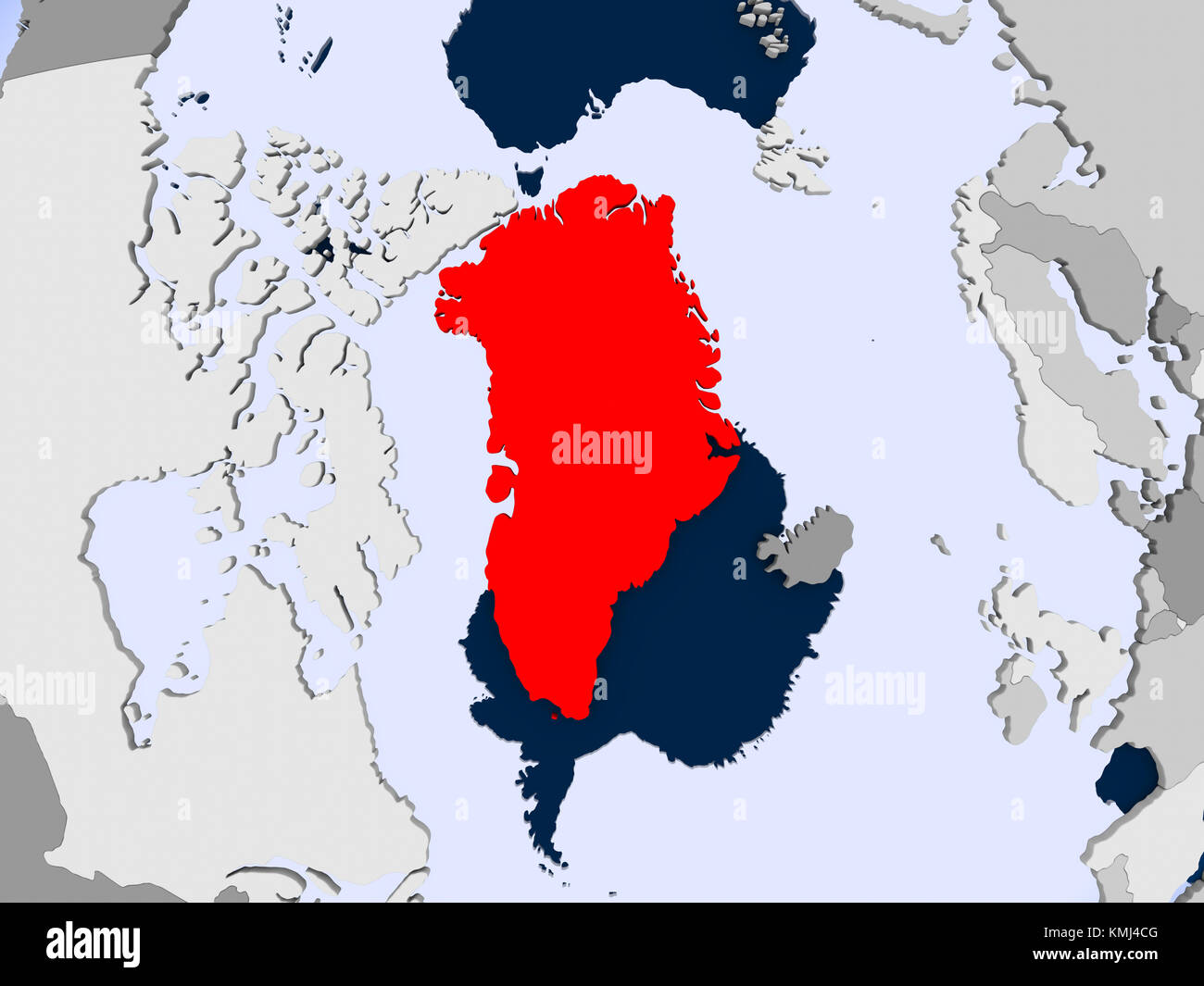 Greenland in red on political map with transparent oceans. 3D ...