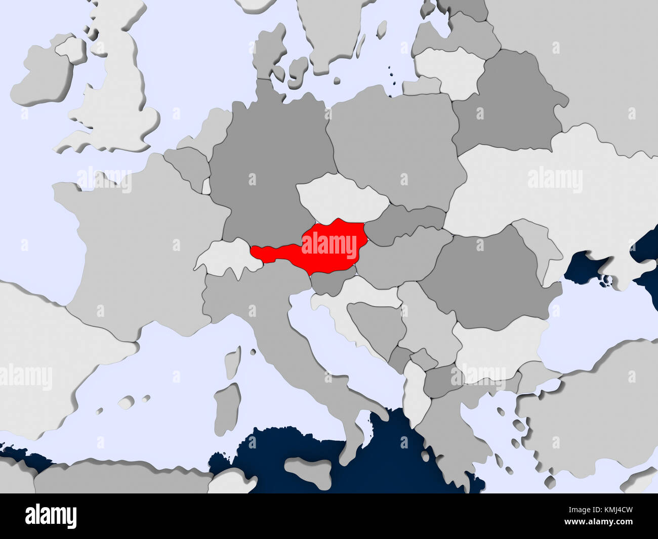 Austria in red on political map with transparent oceans. 3D ...