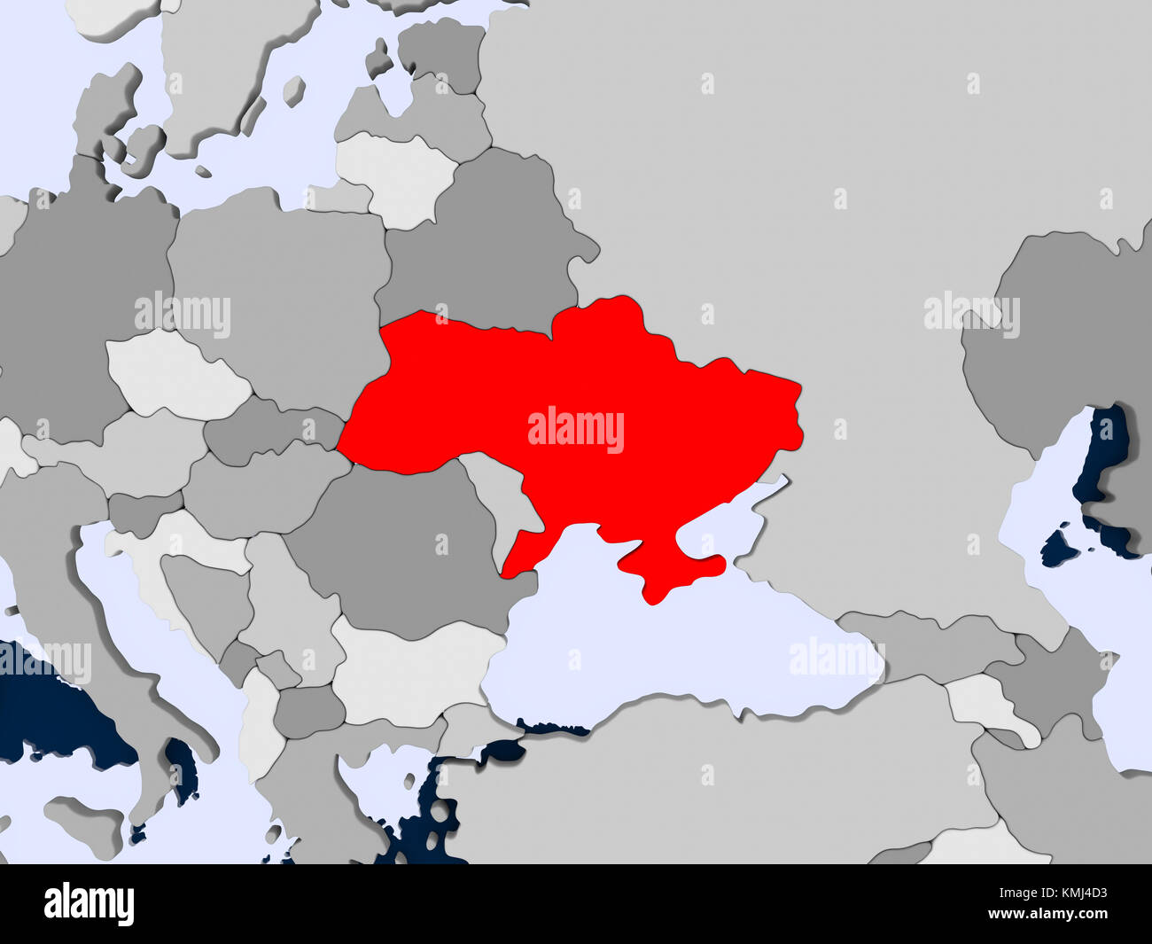 Ukraine in red on political map with transparent oceans. 3D ...