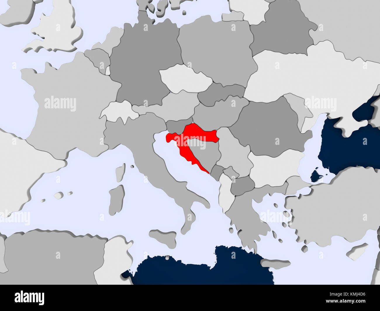 Croatia in red on political map with transparent oceans. 3D ...