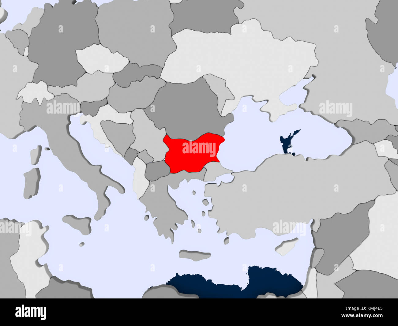Bulgaria in red on political map with transparent oceans. 3D ...