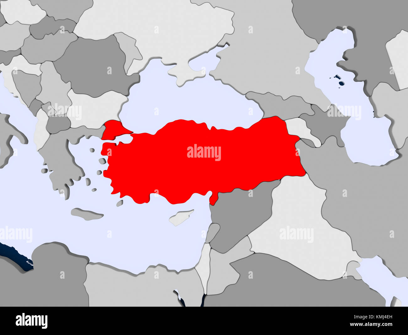 Turkey in red on political map with transparent oceans. 3D illustration ...
