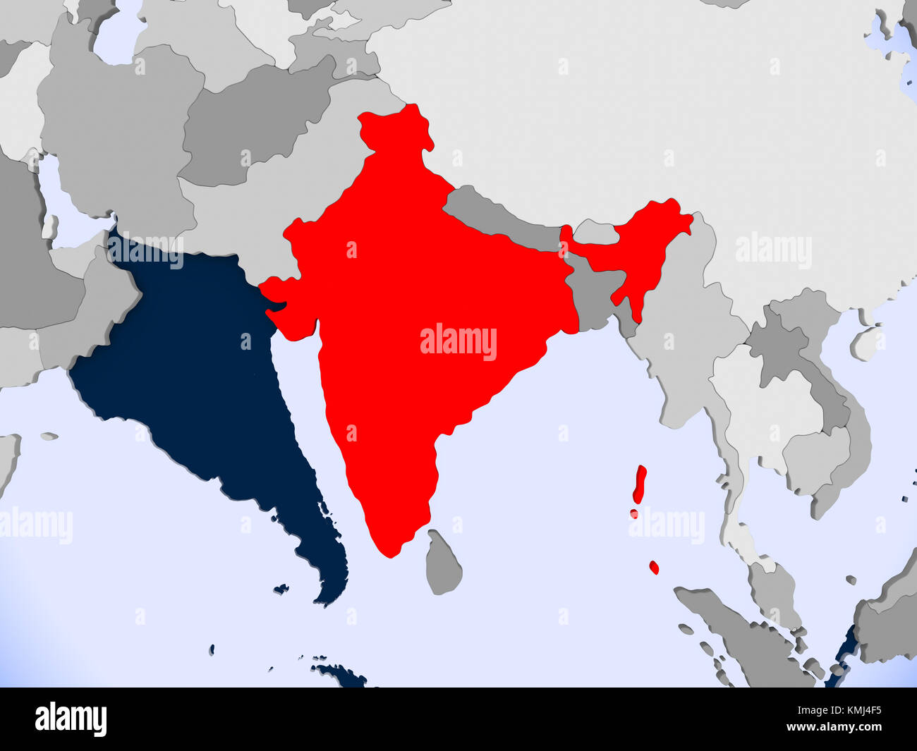 India in red on political map with transparent oceans. 3D illustration ...