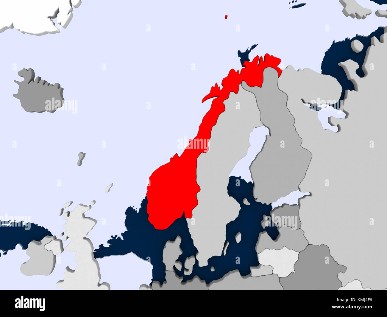 Norway in red on political map with transparent oceans. 3D illustration ...