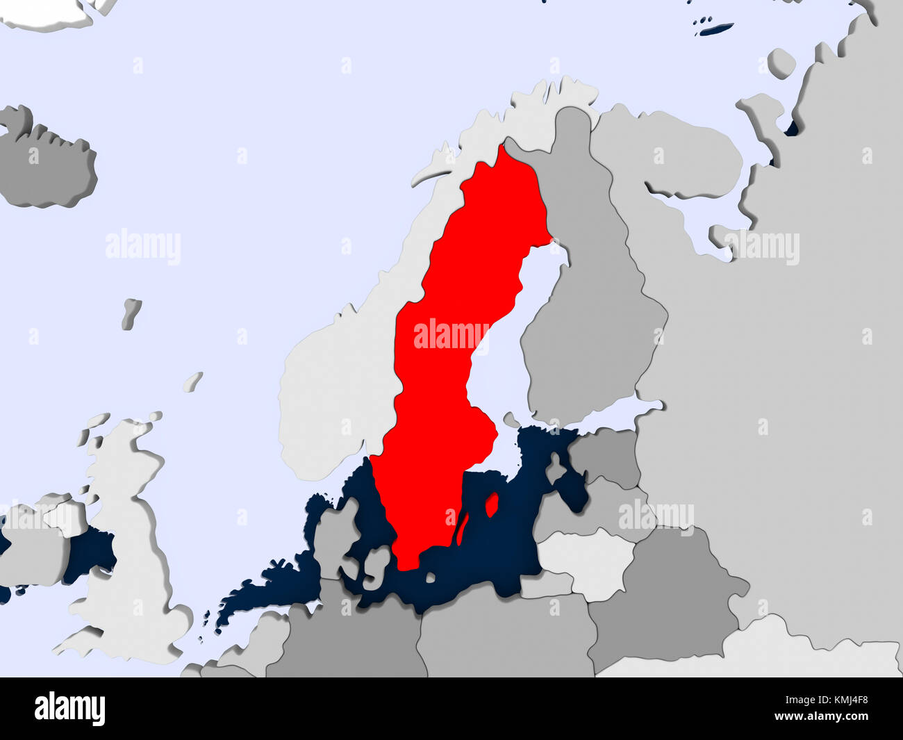 Sweden in red on political map with transparent oceans. 3D illustration ...
