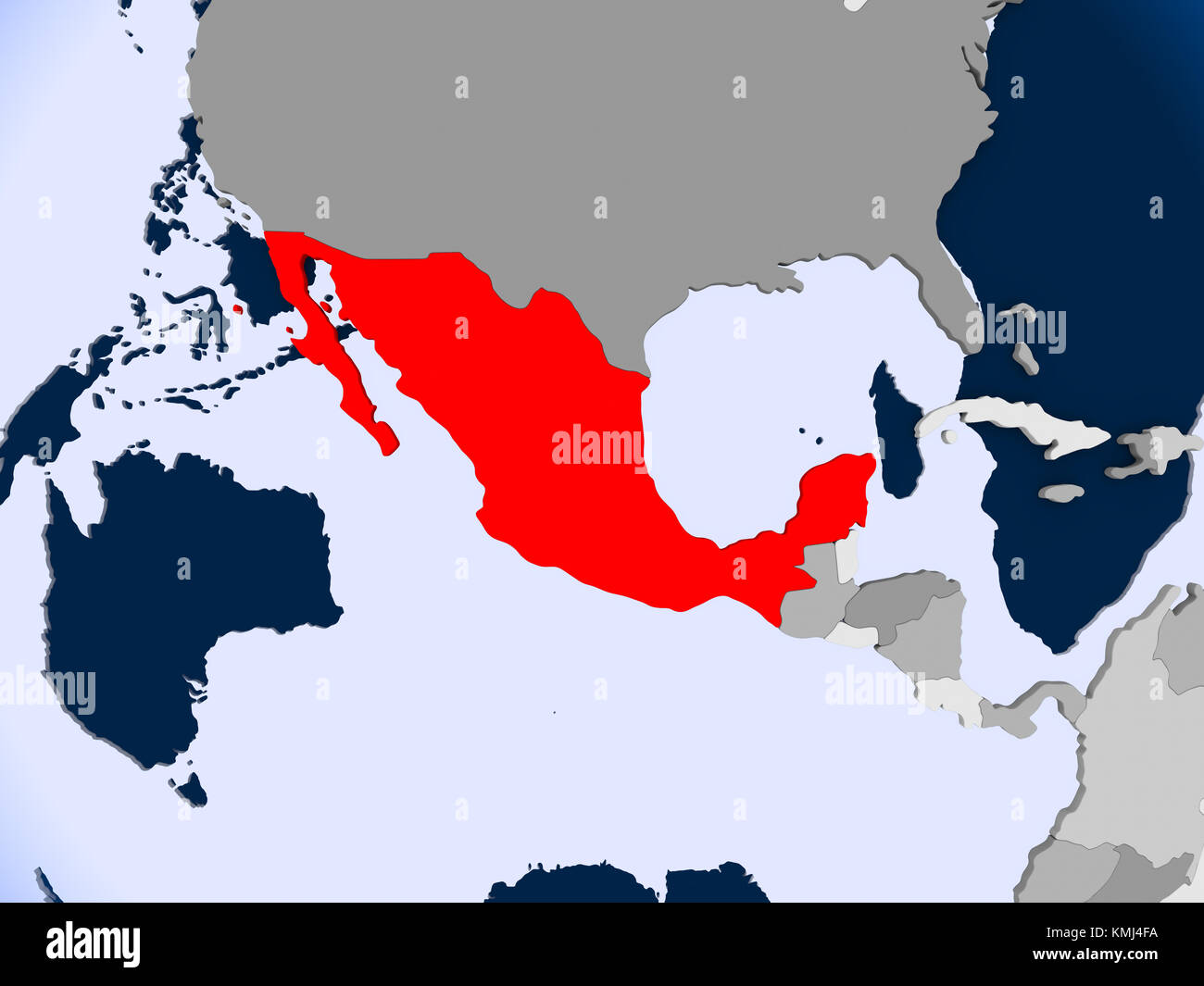 Mexico in red on political map with transparent oceans. 3D illustration ...