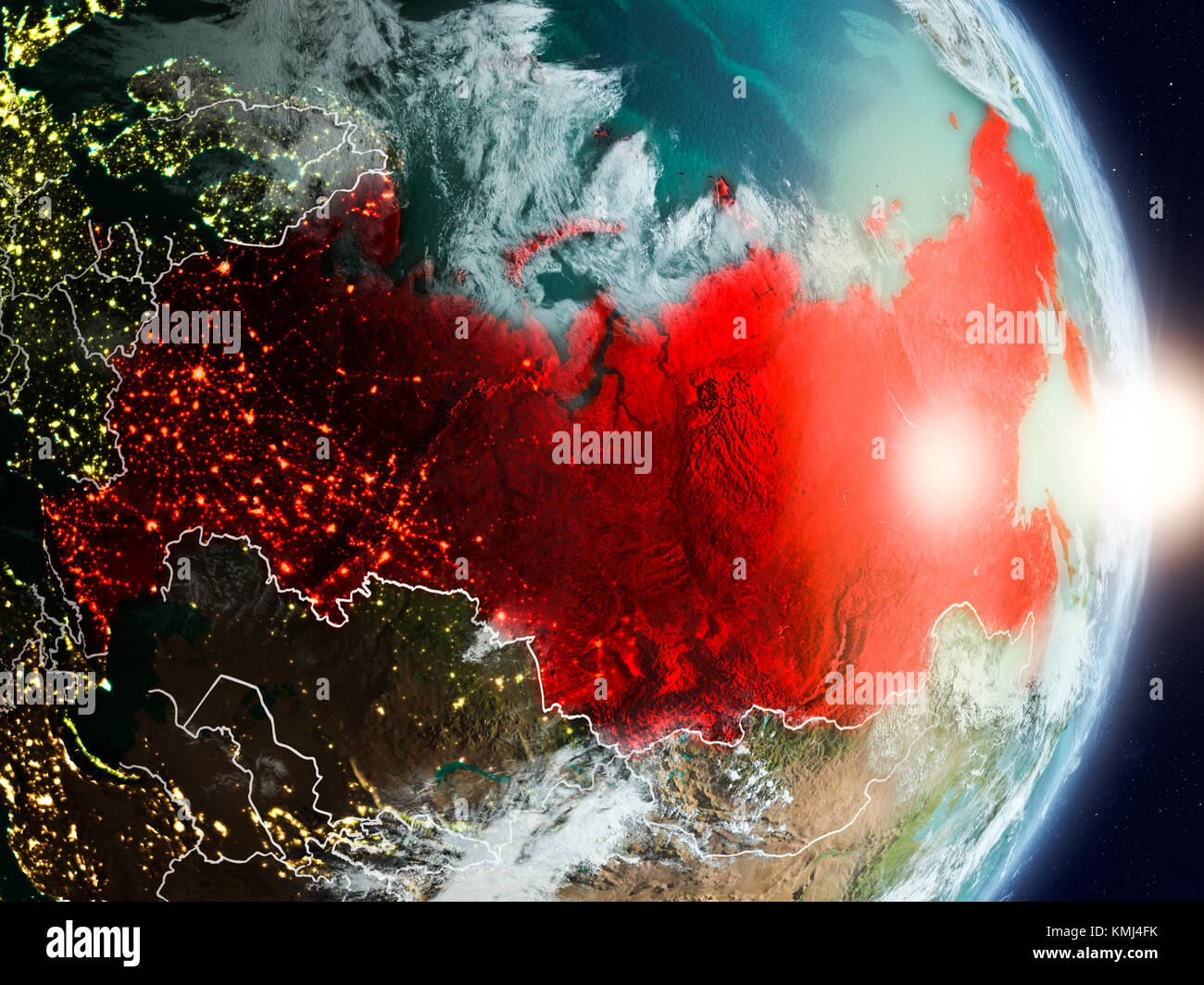 Russia during sunrise highlighted in red on planet Earth with visible ...
