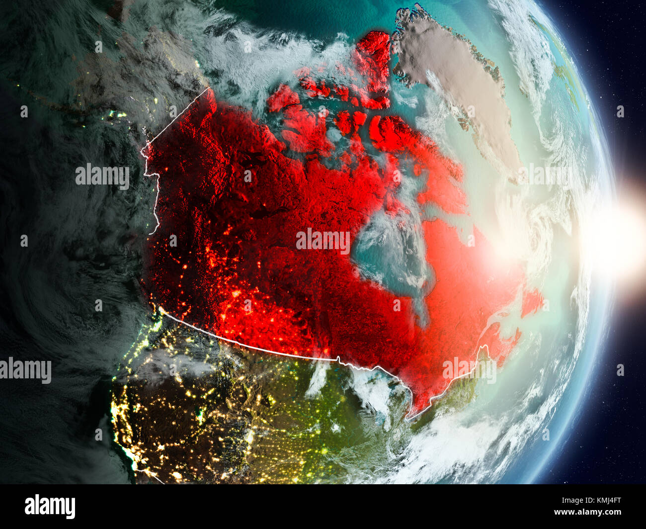 Canada during sunrise highlighted in red on planet Earth with visible ...
