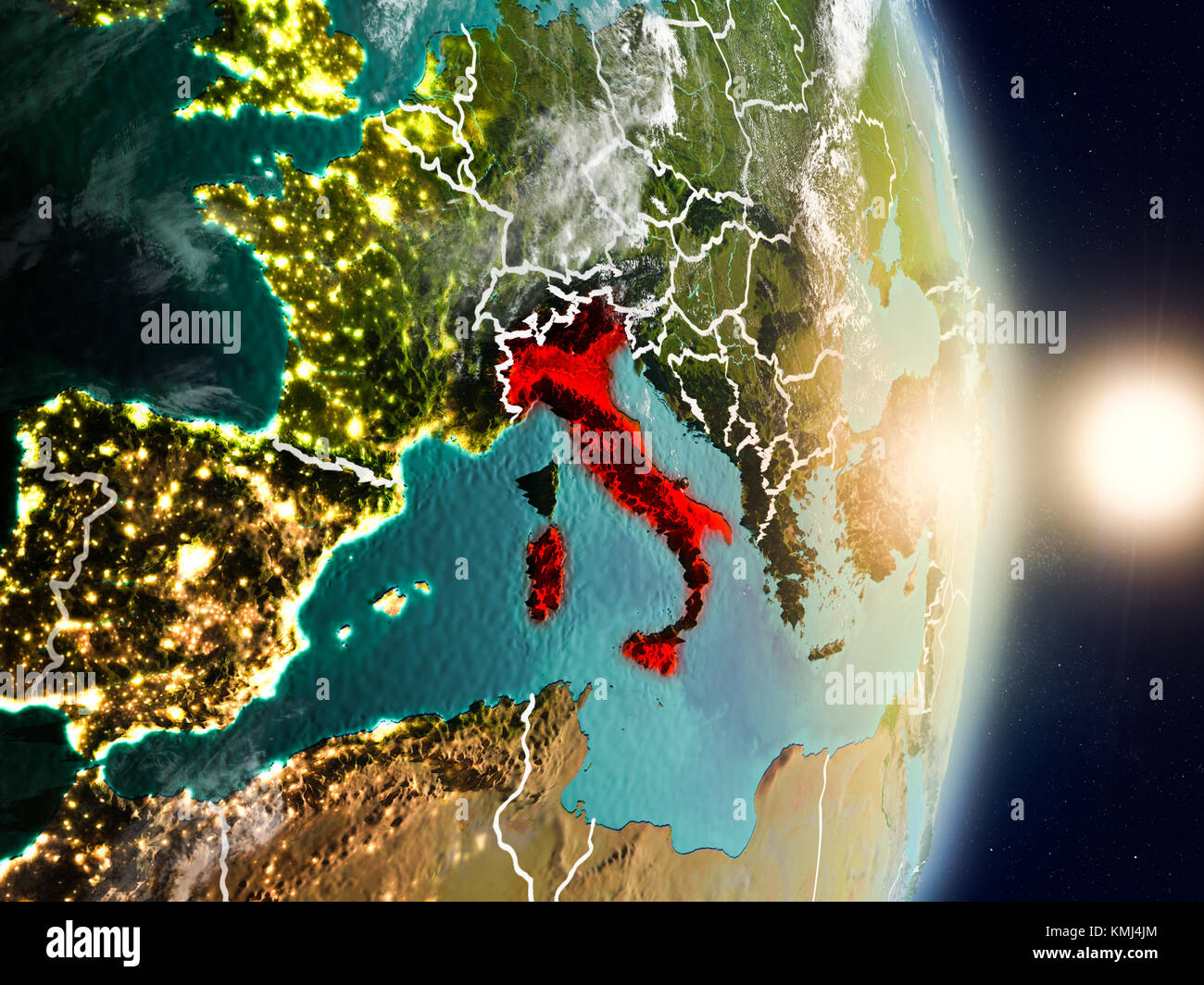 Italy during sunrise highlighted in red on planet Earth with visible ...