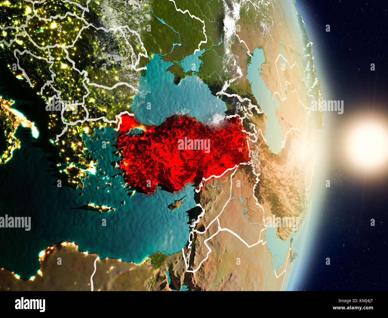 Turkey during sunrise highlighted in red on planet Earth with visible ...