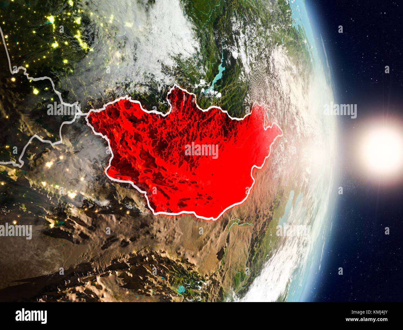 Mongolia during sunrise highlighted in red on planet Earth with visible ...