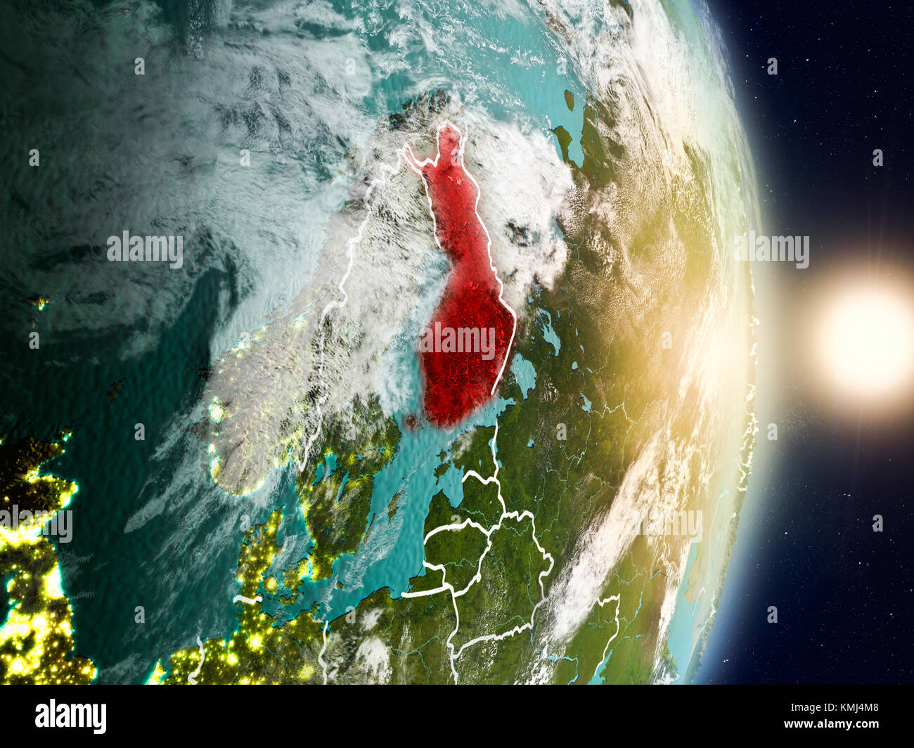 Finland during sunrise highlighted in red on planet Earth with visible ...