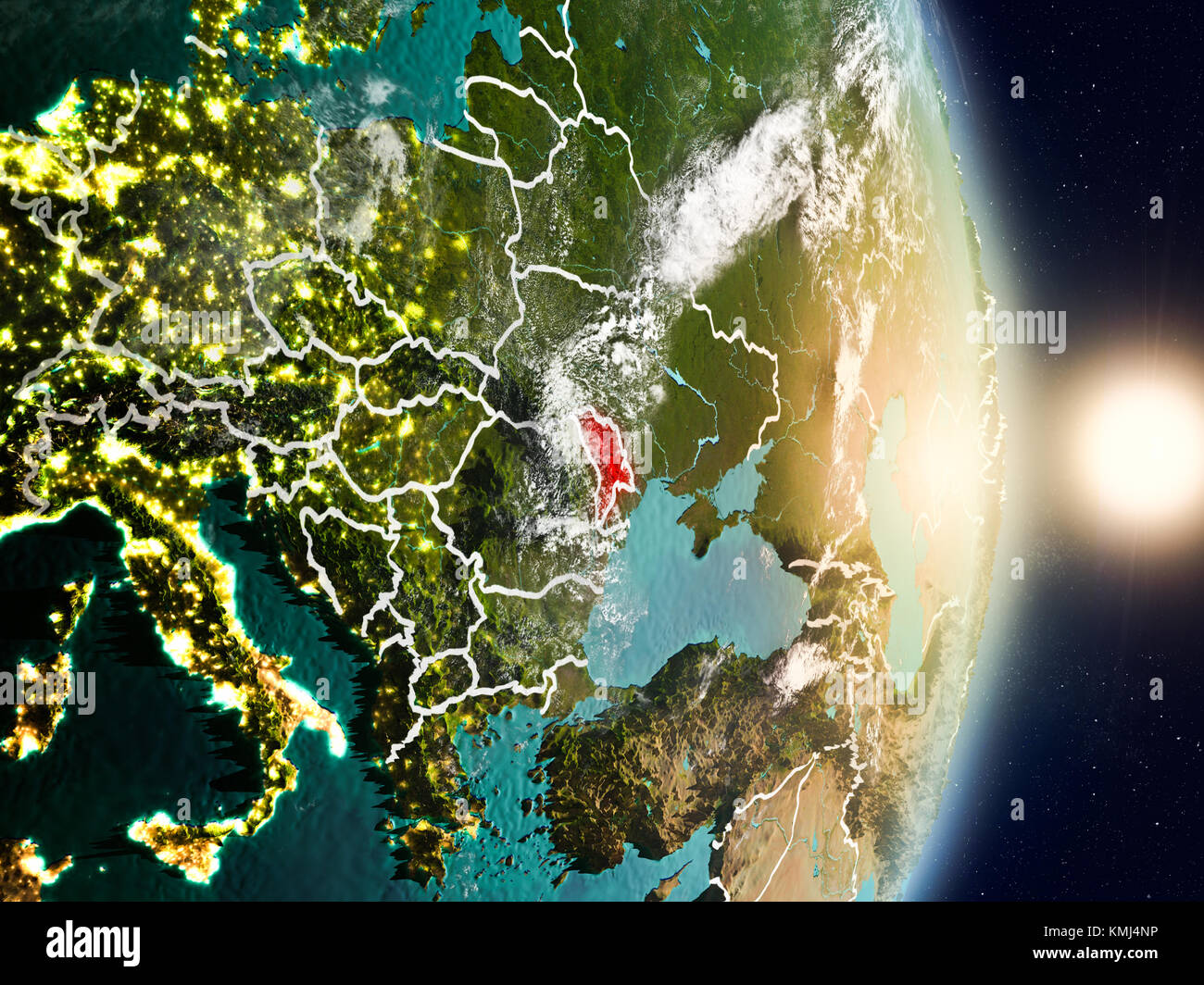 Moldova during sunrise highlighted in red on planet Earth with visible ...
