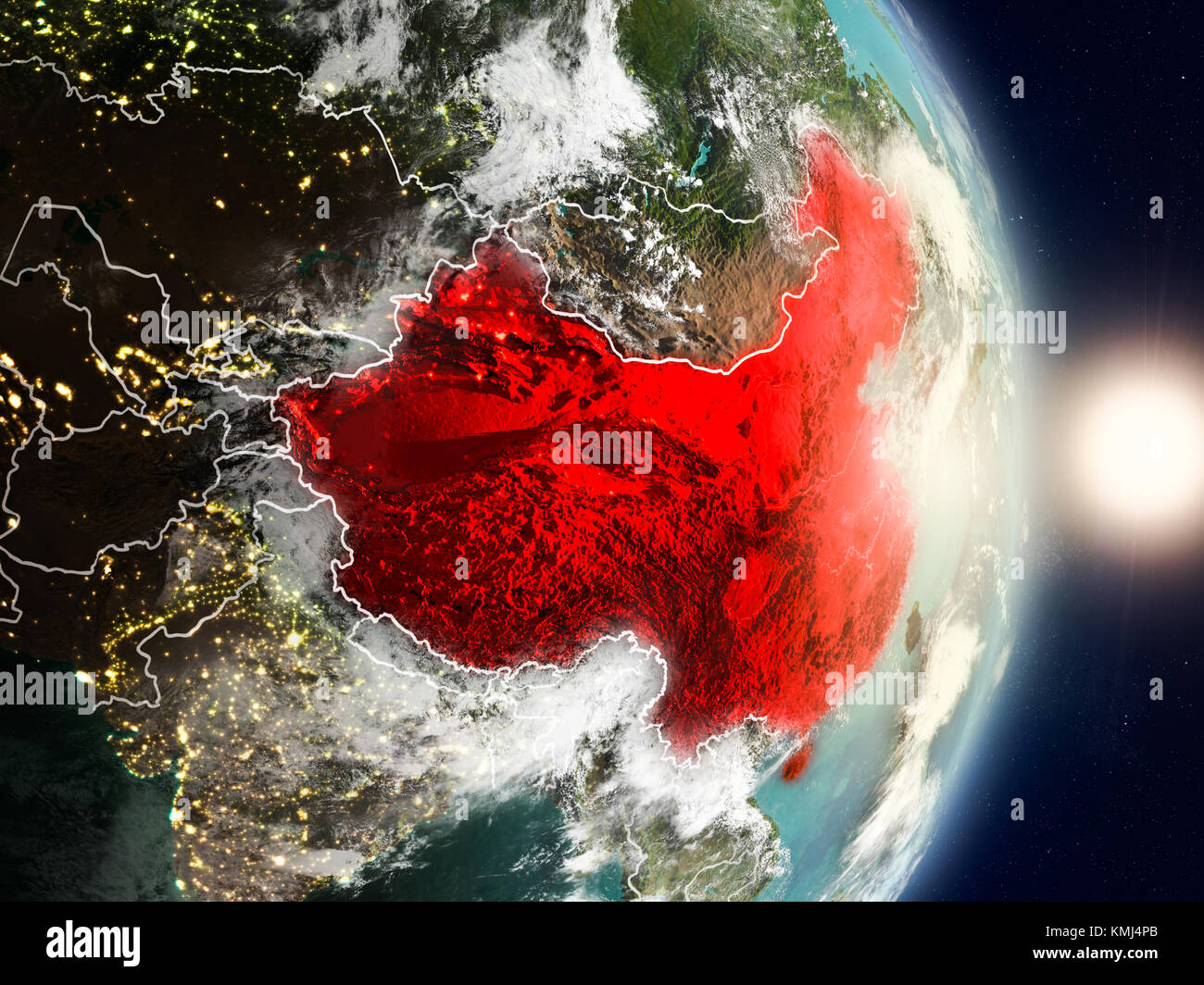 China during sunrise highlighted in red on planet Earth with visible ...