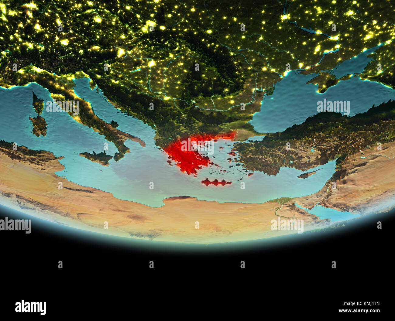 Greece from orbit of planet Earth at night with highly detailed surface ...