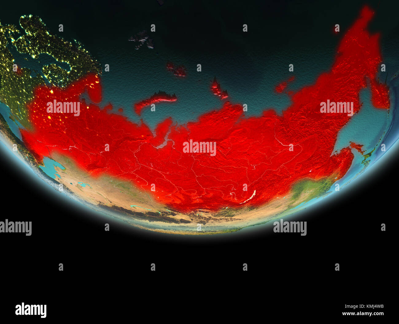 Russia from orbit of planet Earth at night with highly detailed surface ...