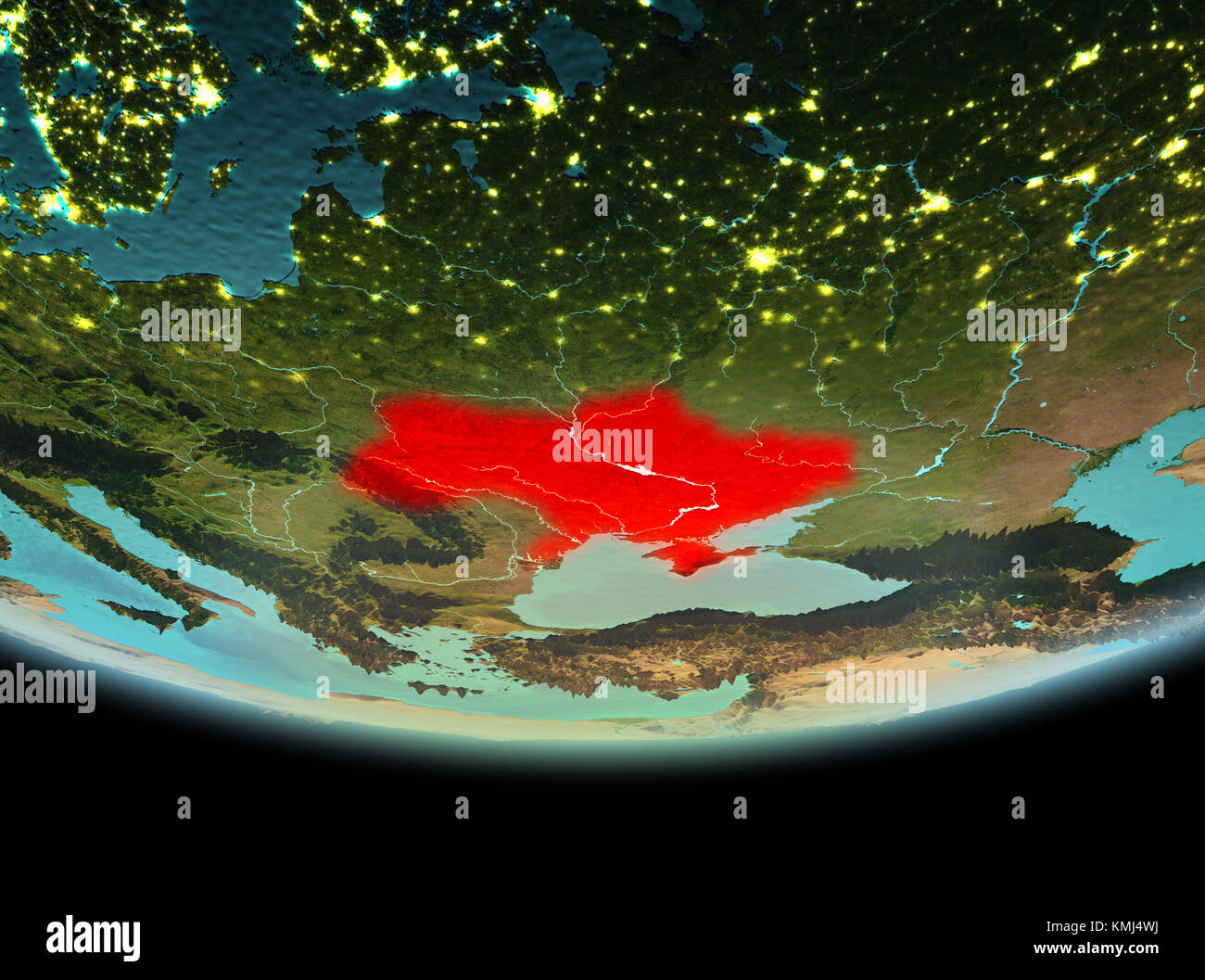 Ukraine from orbit of planet Earth at night with highly detailed ...