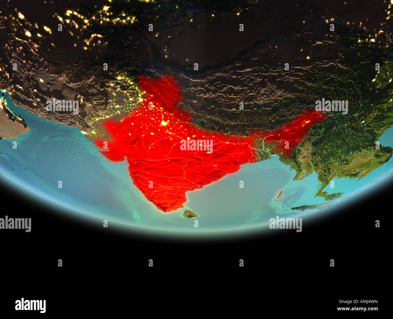 India from orbit of planet Earth at night with highly detailed surface ...