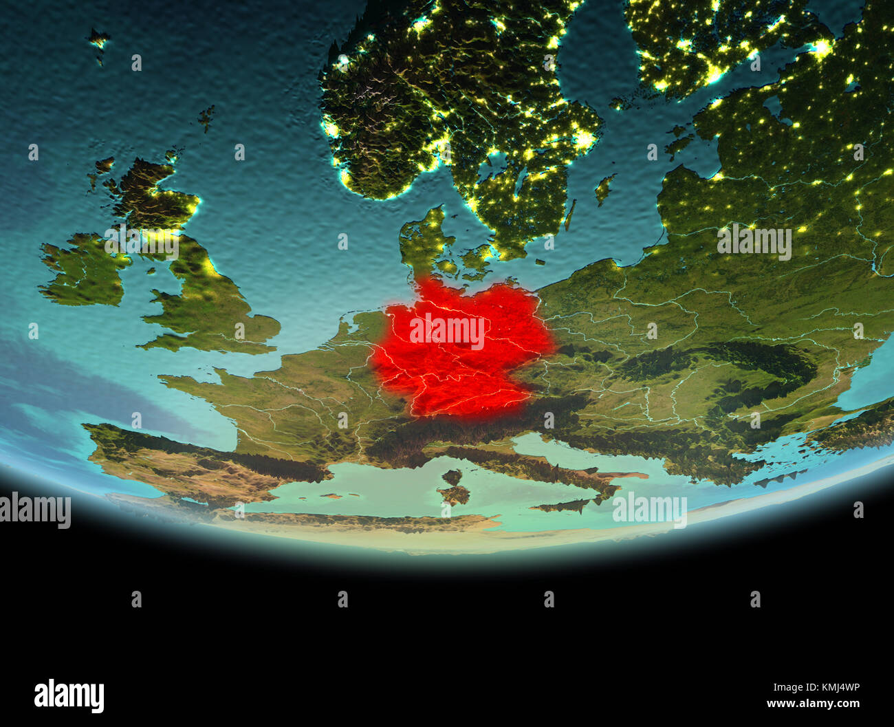 Germany from orbit of planet Earth at night with highly detailed ...