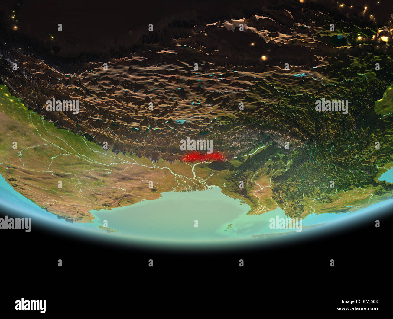 Bhutan from orbit of planet Earth at night with highly detailed surface ...