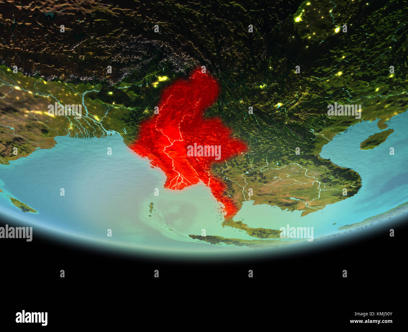 Myanmar from orbit of planet Earth at night with highly detailed ...