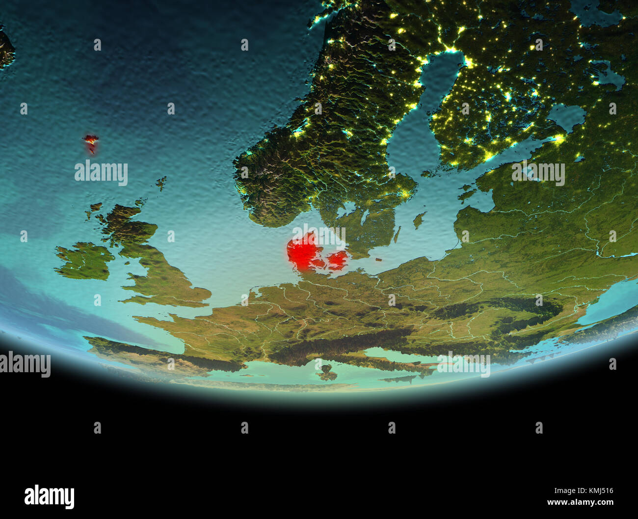 Denmark from orbit of planet Earth at night with highly detailed ...