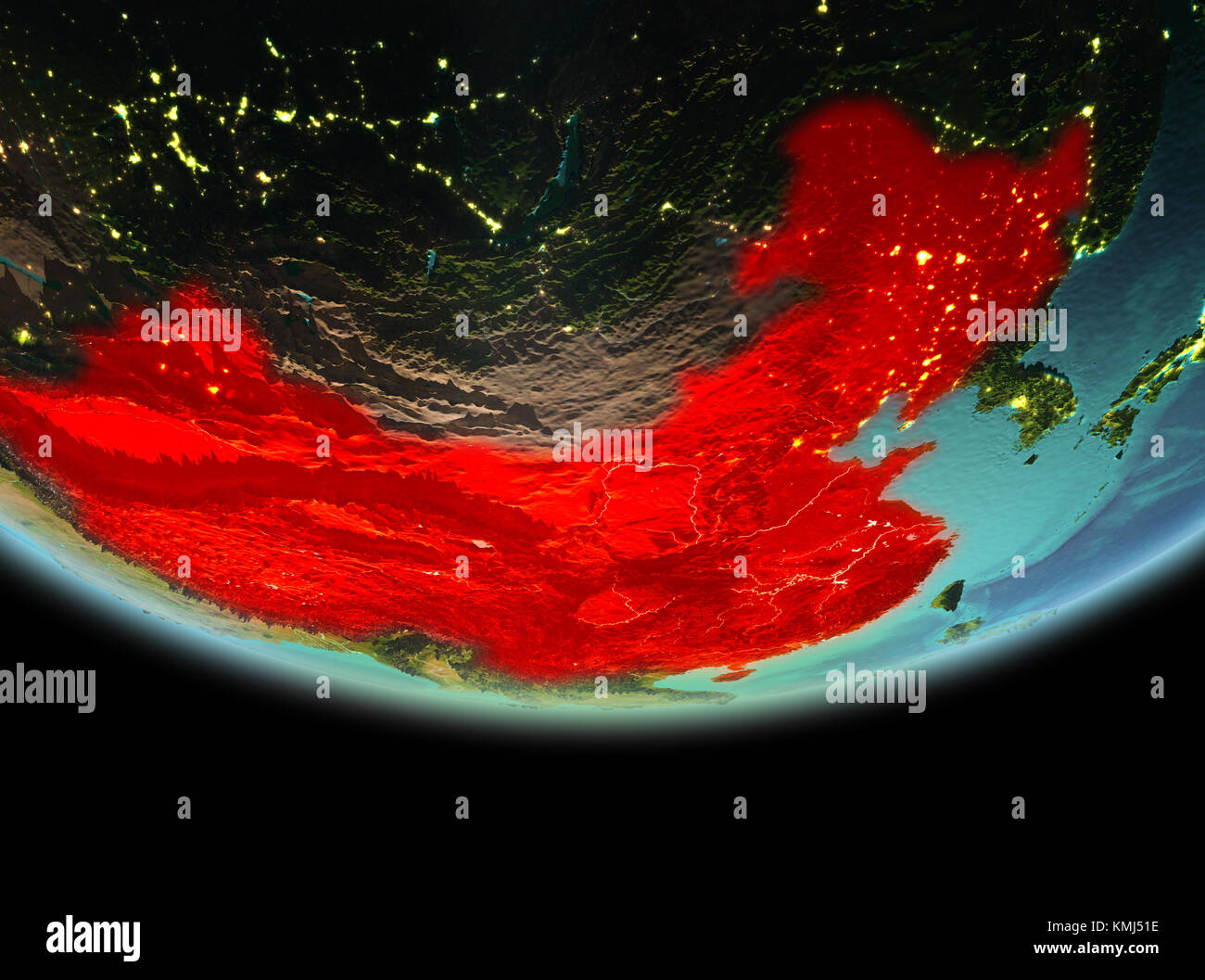 China from orbit of planet Earth at night with highly detailed surface ...