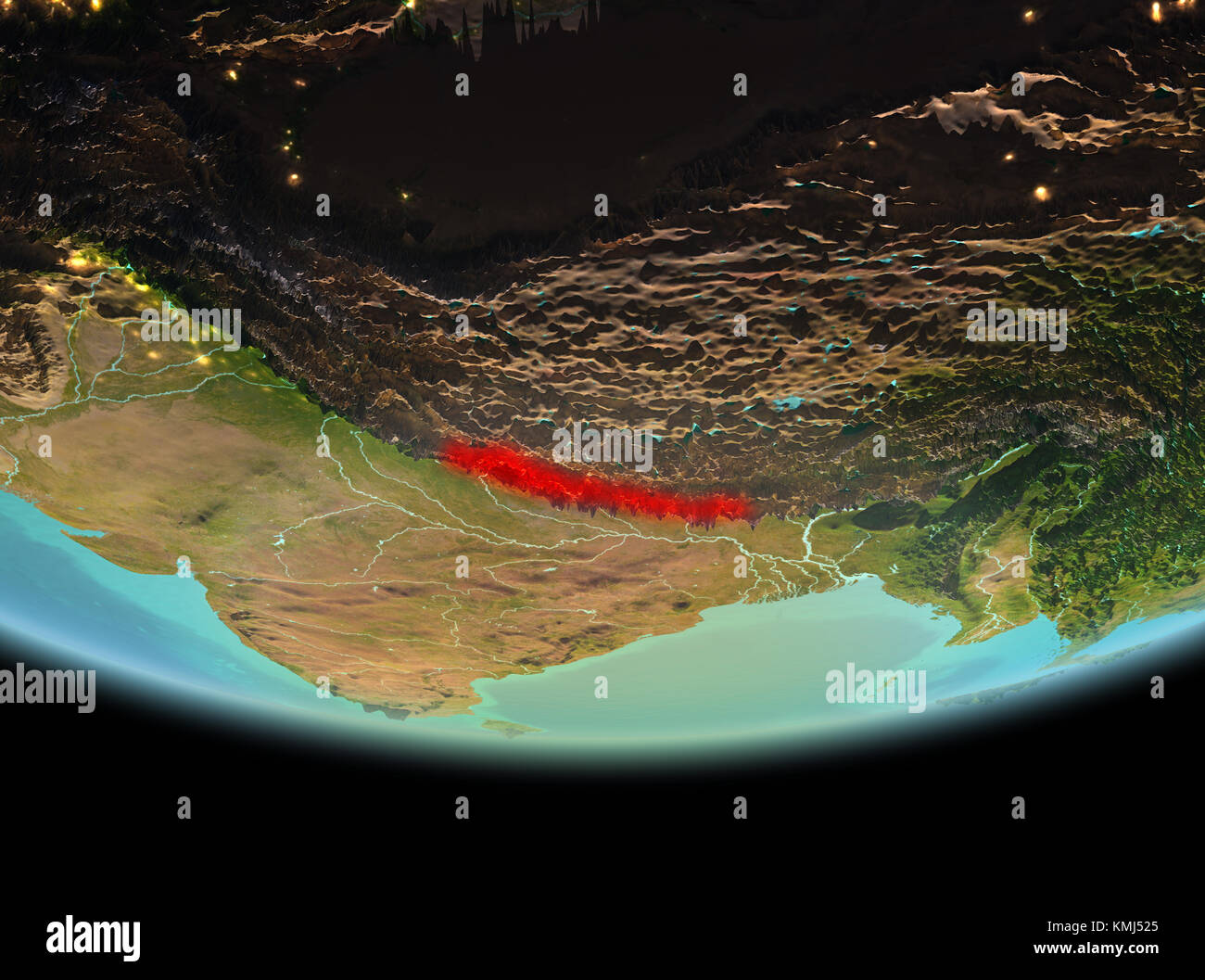 Nepal from orbit of planet Earth at night with highly detailed surface ...