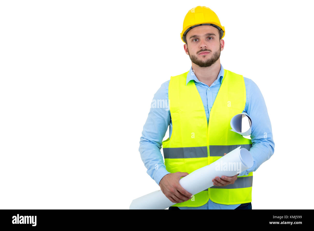 Young Engineer portrait holding blueprints isolated on white Stock ...