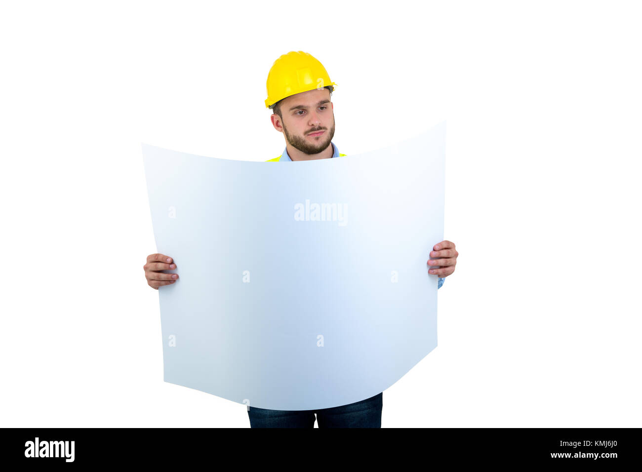 Young Engineer portrait holding blueprints isolated on white Stock ...
