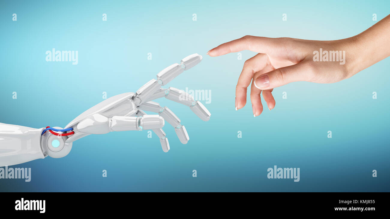 Human hand touching an android hand. Concept of contact human and ...