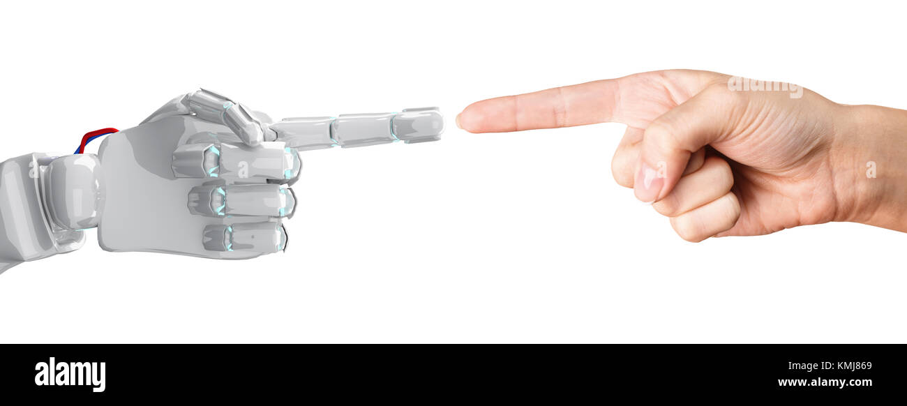 Human hand touching an android hand. Isolated on white background. 3d ...