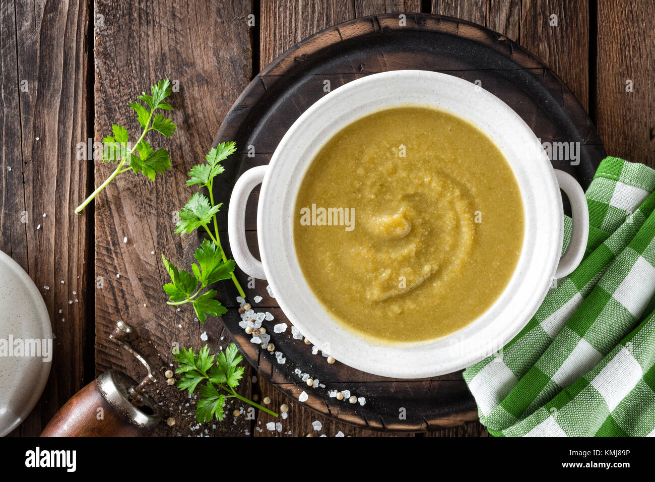 Vegetable cream soup, puree on wooden rustic table, top view Stock ...
