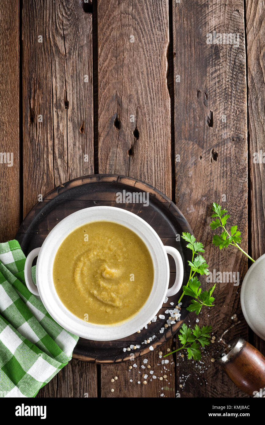 Vegetable cream soup, puree on wooden rustic table, top view Stock ...