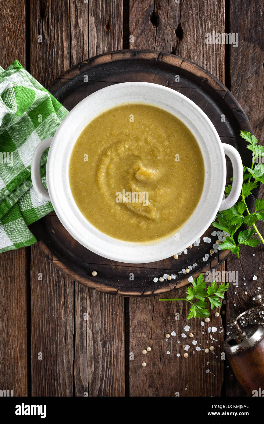 Vegetable cream soup, puree on wooden rustic table, top view Stock ...