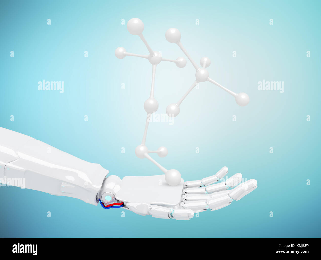 White robot hand touching molecule formula over blue background. Future ...
