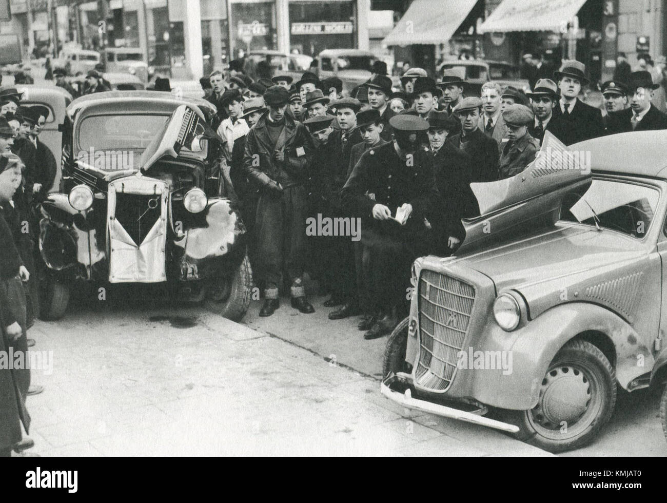 Historical photograph depicting a collision between a Volvo and an Opel ...