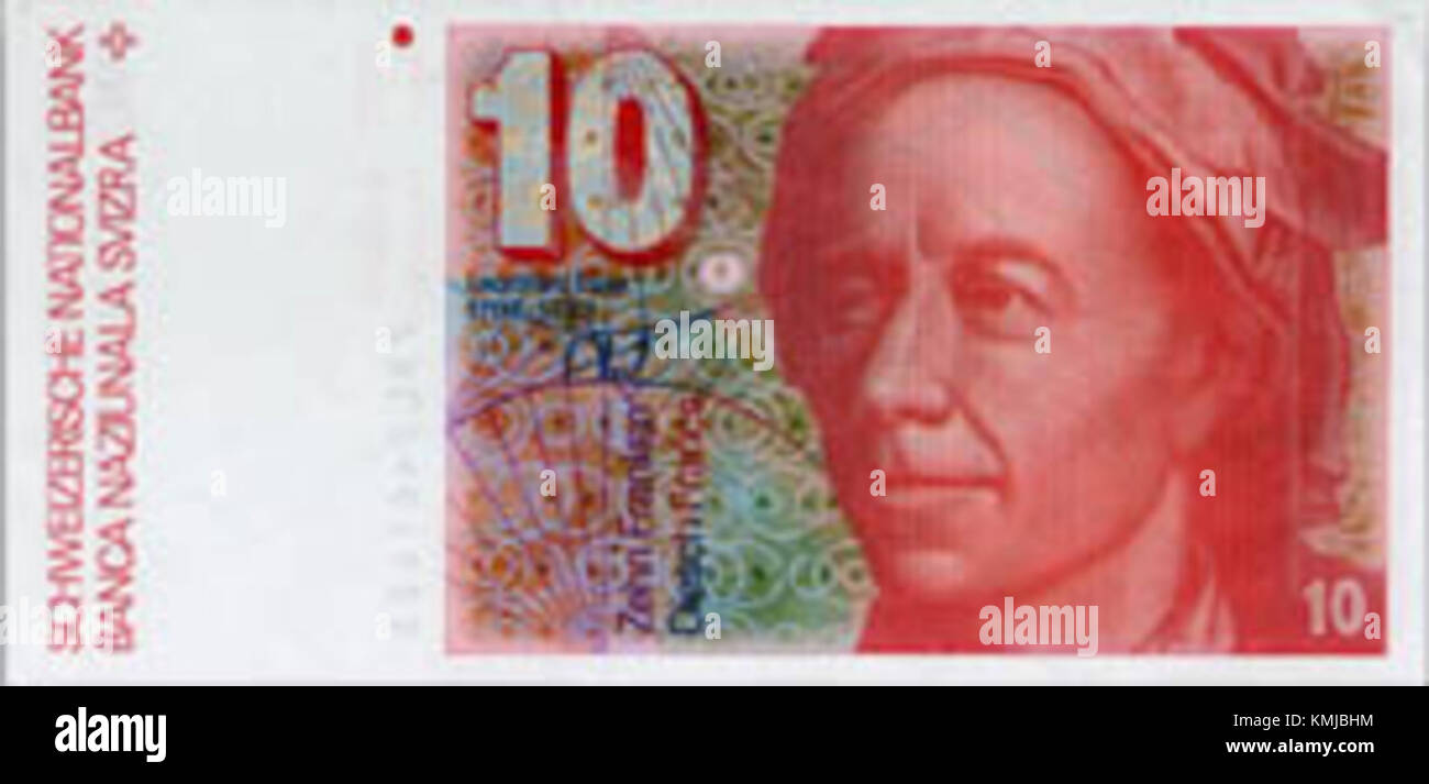 A Swiss Franc note, Euler-10 series, displayed horizontally. This ...