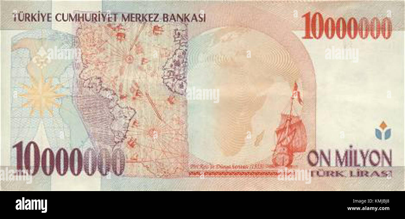 This image features a reverse side of a Turkish 10 Million Lira ...