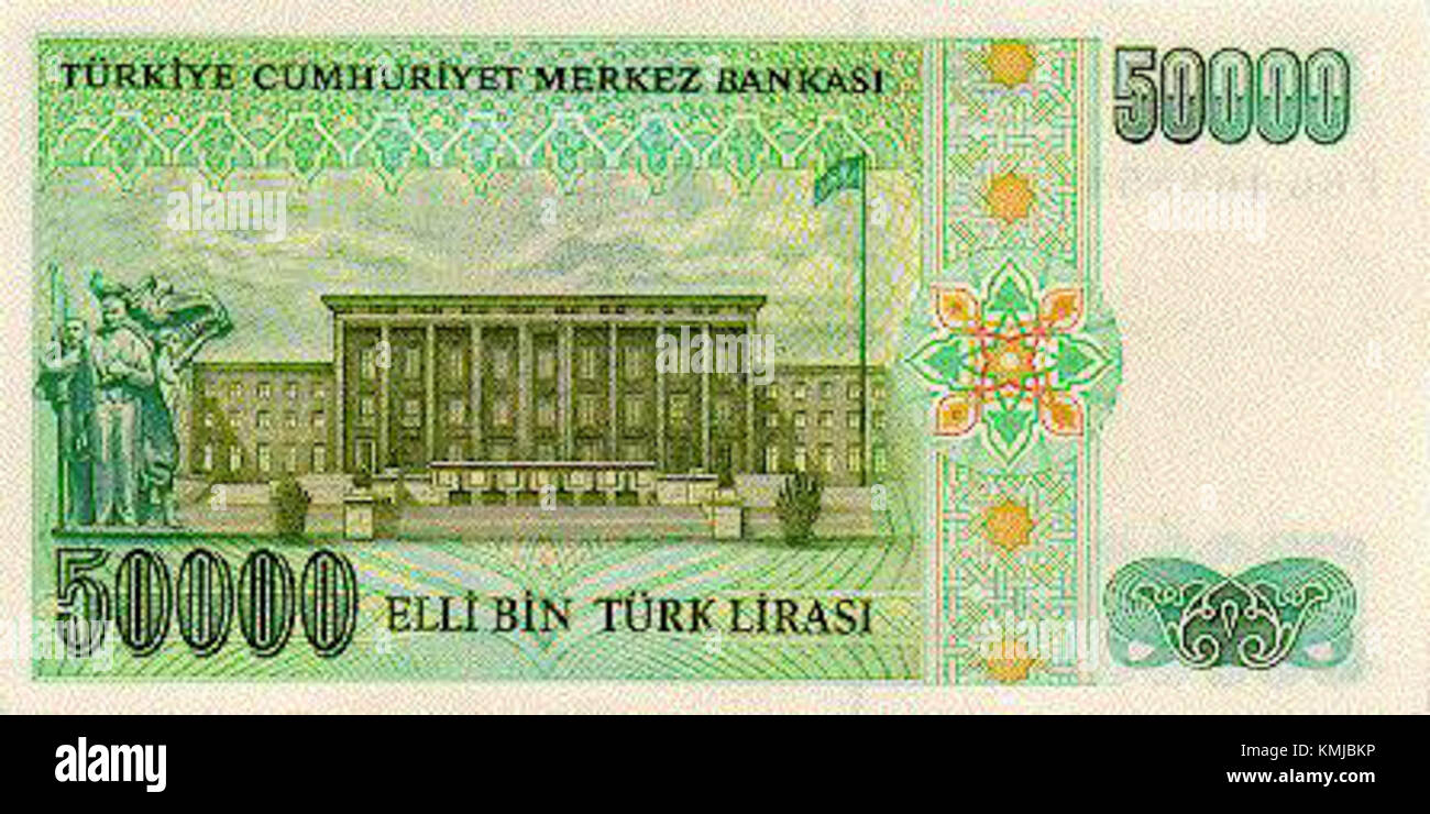 A depiction of the reverse side of a 50,000 Turkish Lira (TL) banknote ...