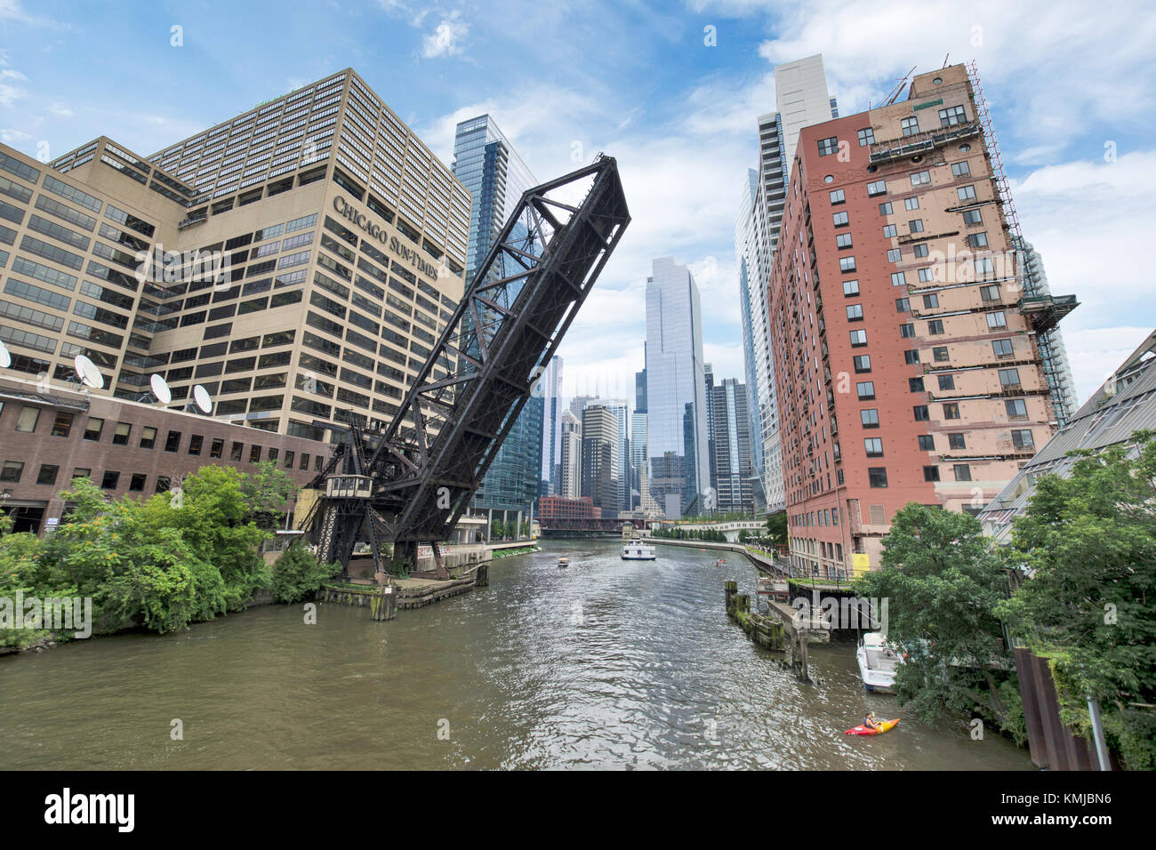 Northern Riverwalk on North Branch Chicago River in Chicago, Illinois ...